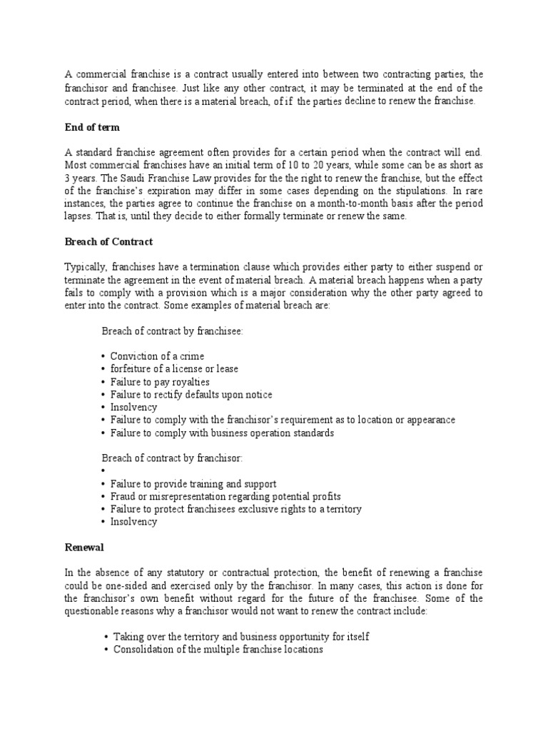 Franchise Agreement Termination and Renewal | PDF | Franchising ...