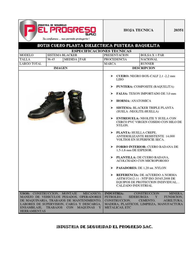 Ficha Tecnica 20351 Botin Cuero Planta Dielectrica Puntera Baquelita | PDF | Sectores Economicos ...