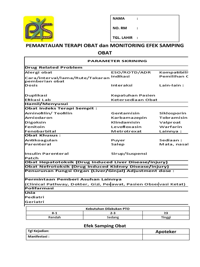 FORM PEMANTAUAN TERAPI OBAT Dan MONITORING EFEK SAMPING OBAT | PDF