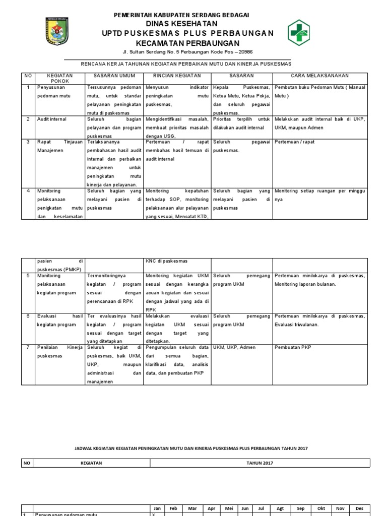 Rencana Tahunan Program Perbaikan Mutu Dan Kinerja Puskesmas | PDF