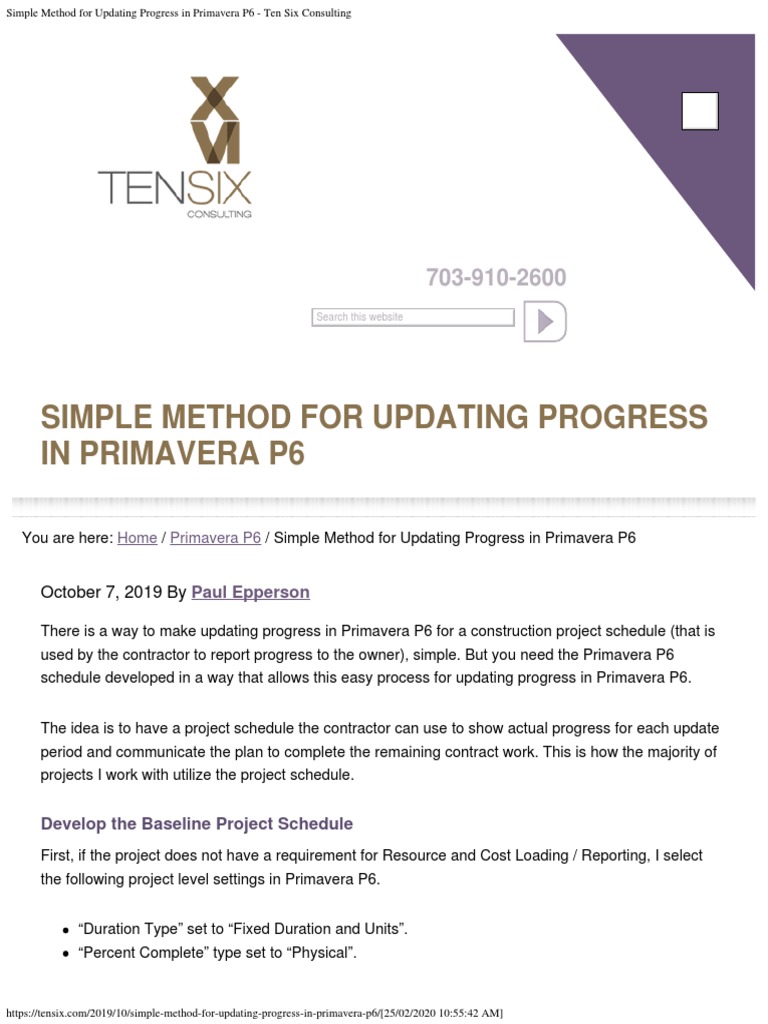 Simple Method For Updating Progress in Primavera P6 - Ten Six Consulting | PDF
