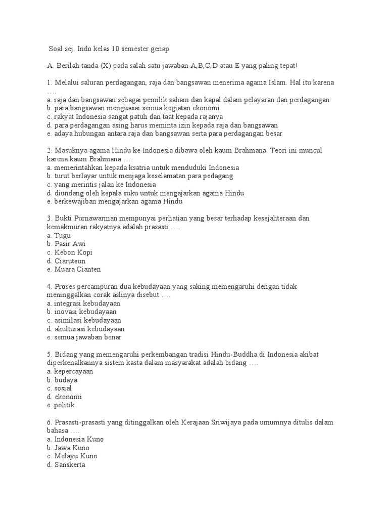 Soal Sej. Indo PAS Kelas 10 SMT Genap | PDF