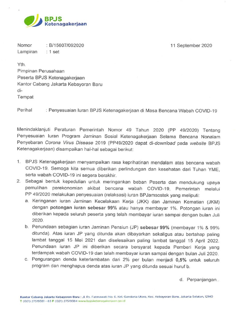 Surat Pemberitahuan Relaksasi Iuran Pu | PDF