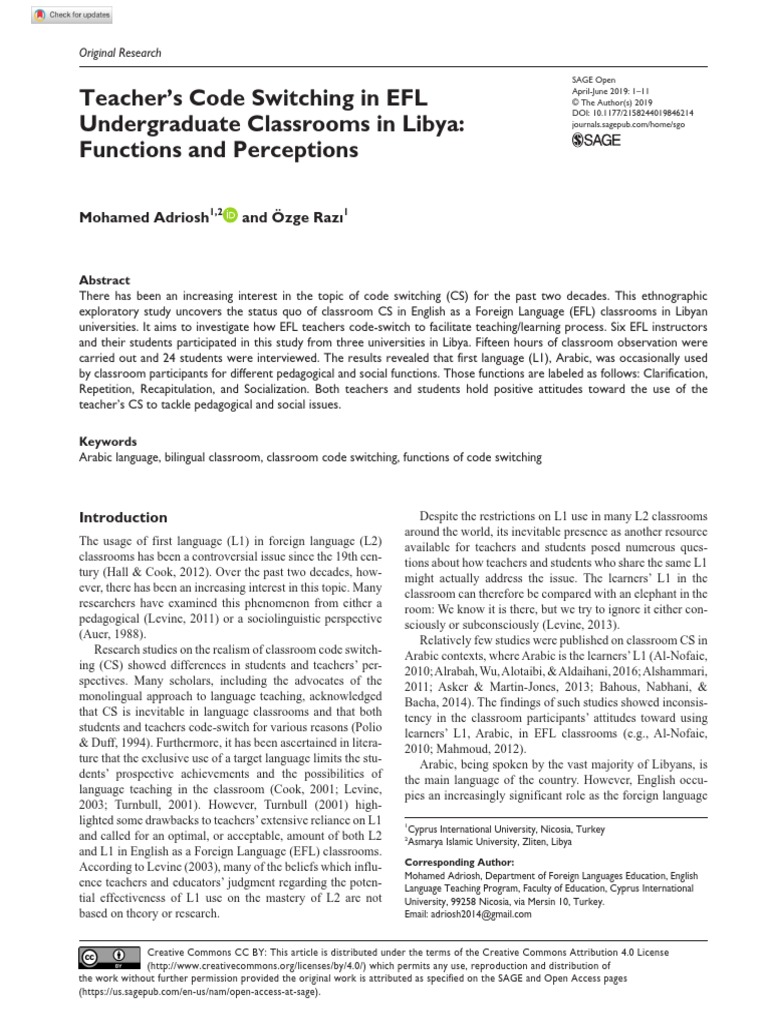 Teacher's Code Switching in EFL Undergraduate Classrooms in Libya: Functions and Perceptions ...