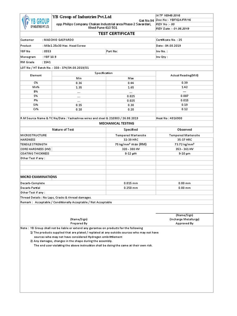 Test Certificate: YB Group of Industries PVT - LTD | PDF | Screw | Hardness