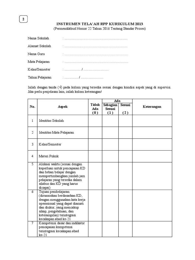 Instrumen Supervisi Perencanaan Pembelajaran-2019 | PDF
