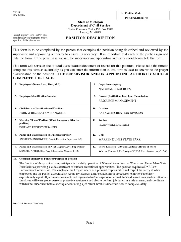 Park Ranger Position Description | PDF | Parks | Recreation