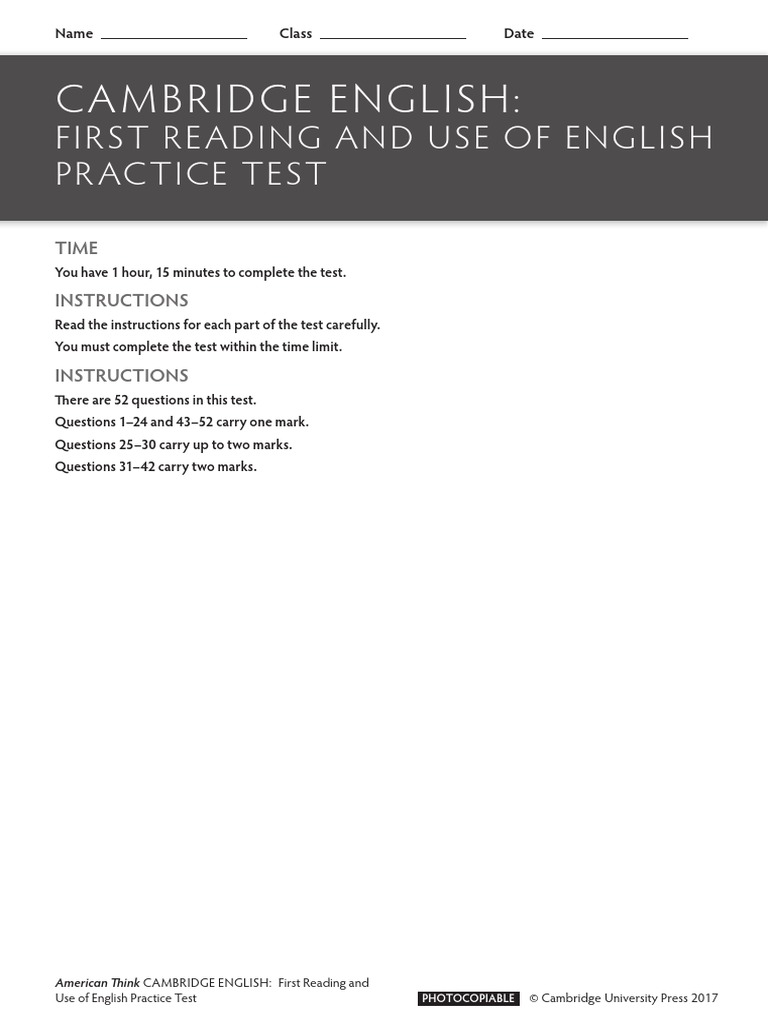 Cambridge English:: First Reading and Use of English PR Actice Test ...