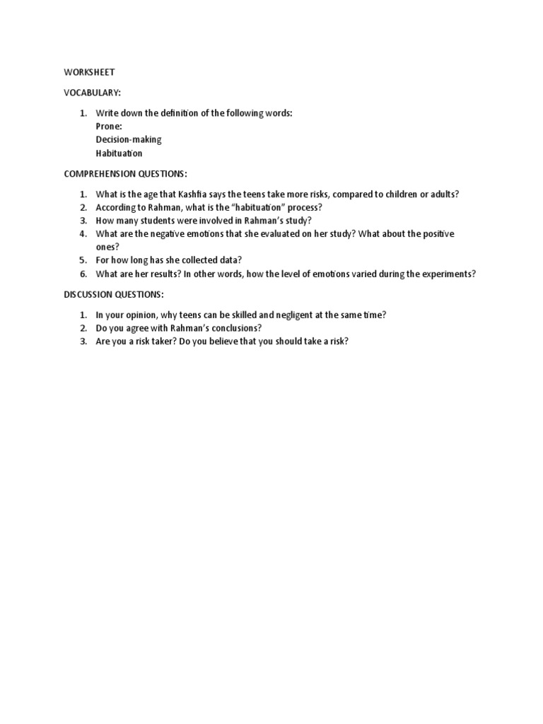 Teen Risk-Taking Study Worksheet | PDF | Career & Growth