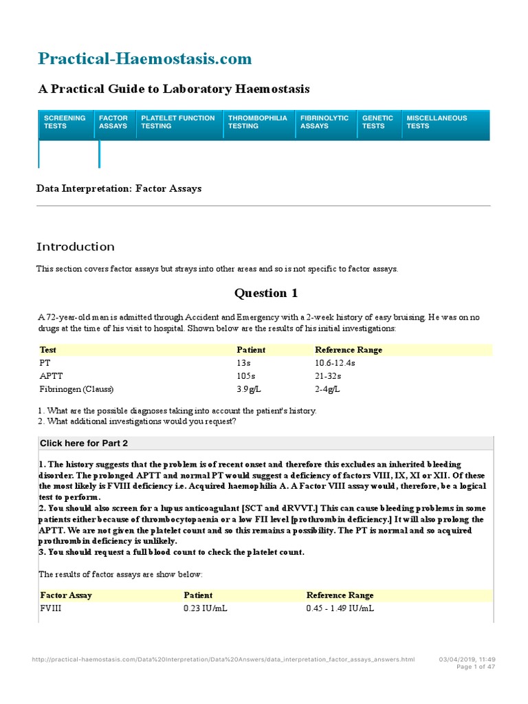 Data Interpretation - Factor Assays - Answers | PDF | Coagulation ...