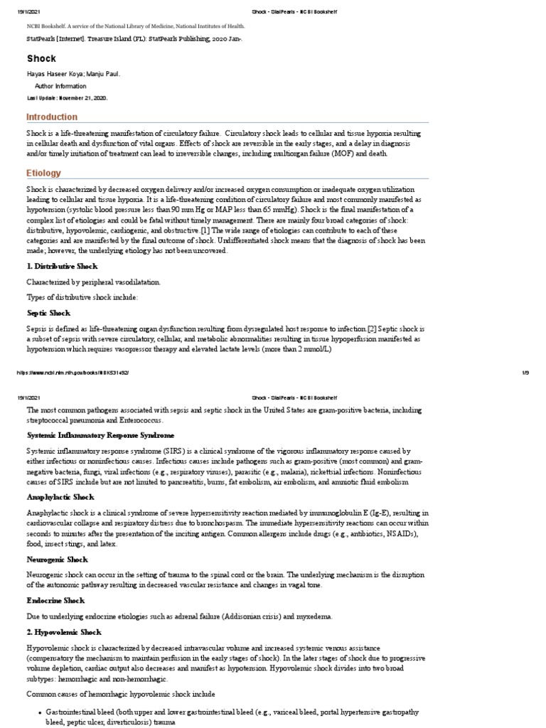 Shock - StatPearls - NCBI Bookshelf | PDF | Shock (Circulatory) | Heart