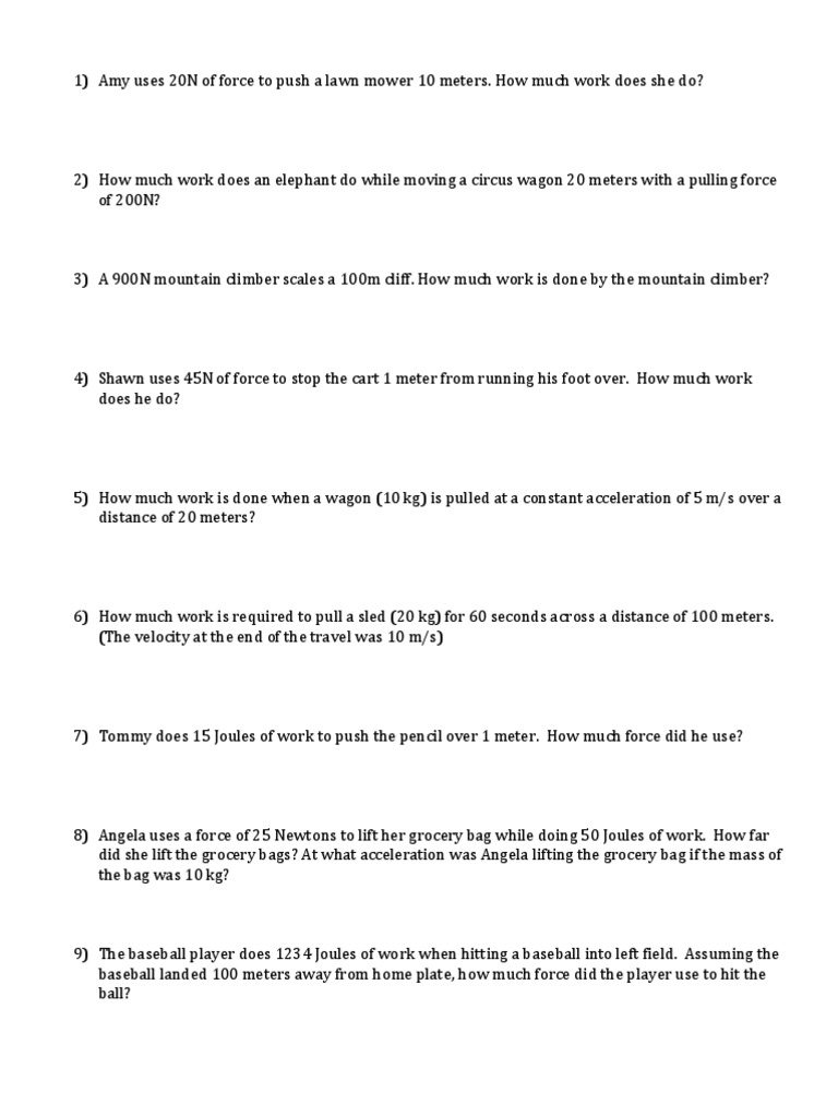 Physics - Work Worksheet | PDF