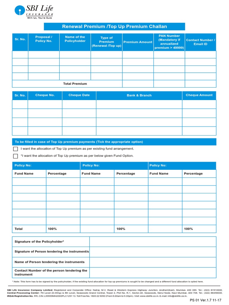 Renewal Premium and Top Up Premium Payment Form | PDF | Insurance ...