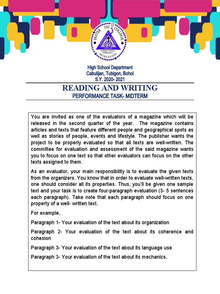Reading and Writing: Performance Task-Midterm | PDF | Reading ...