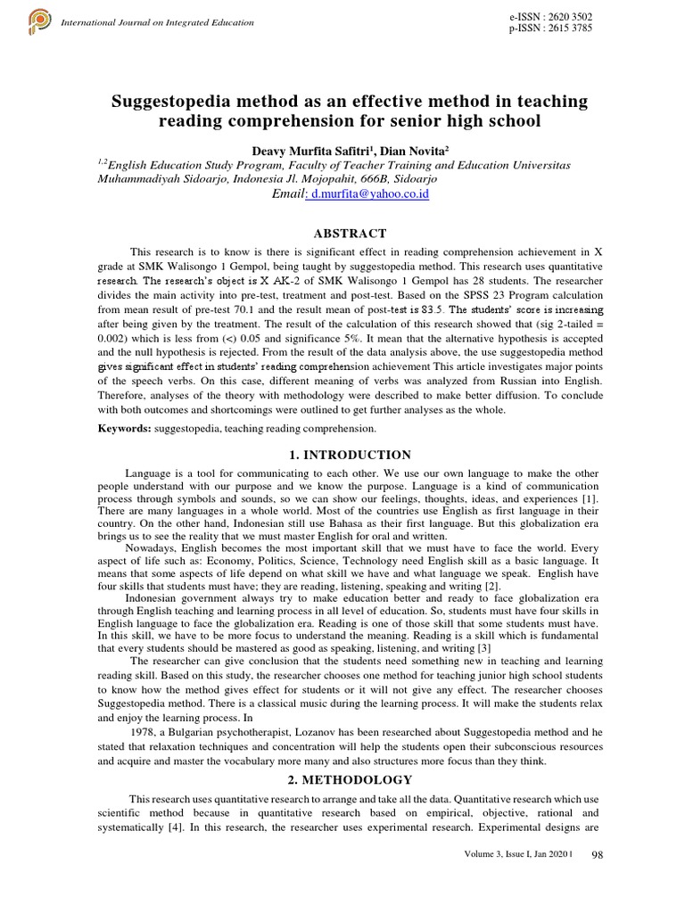 Suggestopedia Method As An Effective Method in Teaching Reading ...