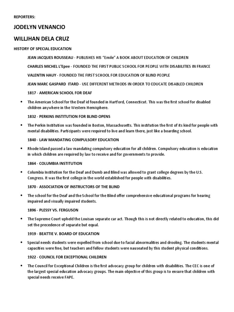 History of Special Education Milestones | PDF | Individualized ...