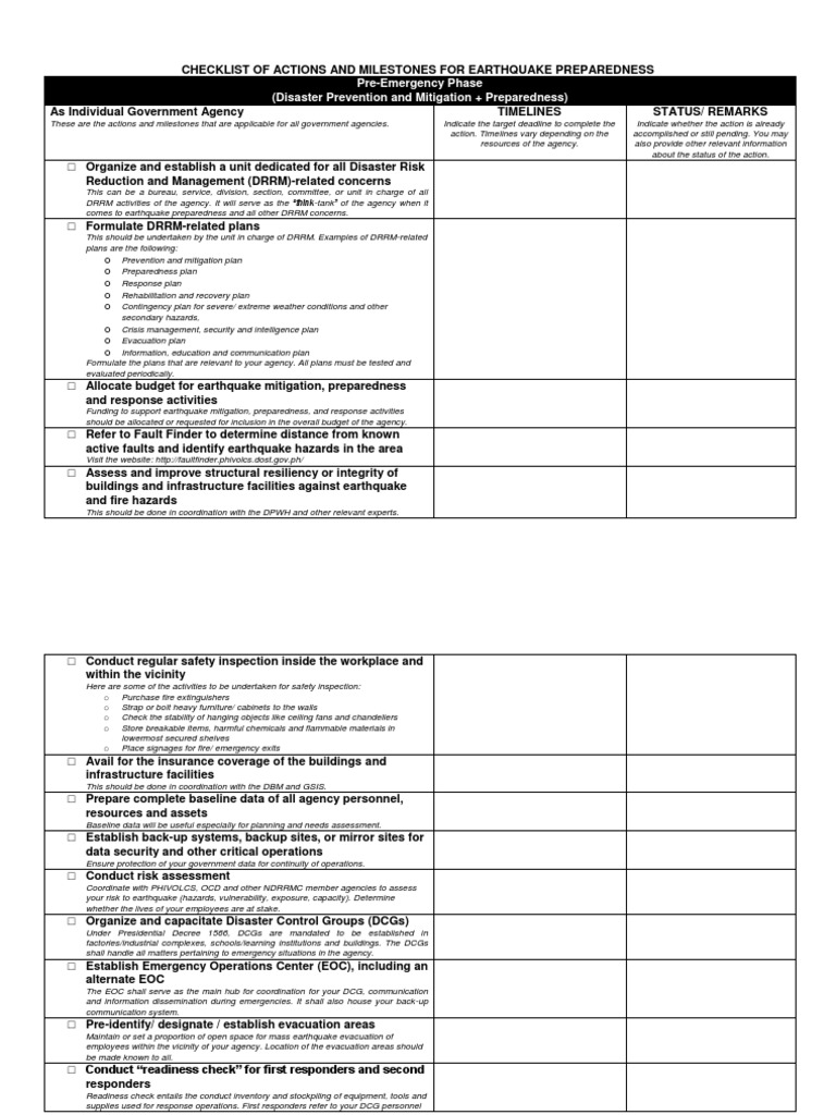 Checklist of Actions and Milestones For Earthquake Preparedness | PDF ...
