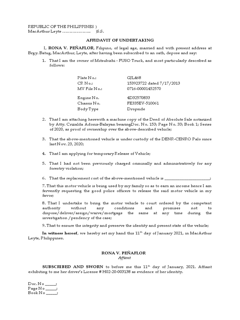 Affidavit of Undertaking Motor Vehicle DENR Confiscation:penaflor | PDF ...