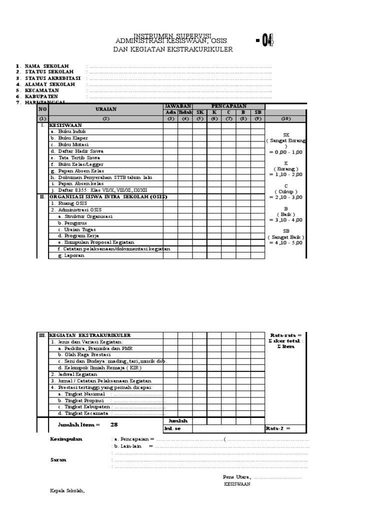 Instrumen Supervisi Administrasi Kesiswaan | PDF