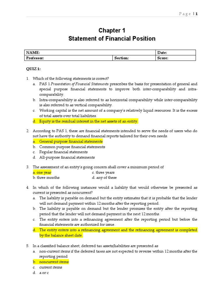 QUIZ - CHAPTER 1 - STATEMENT OF FINANCIAL POSITION With Solutions | PDF ...