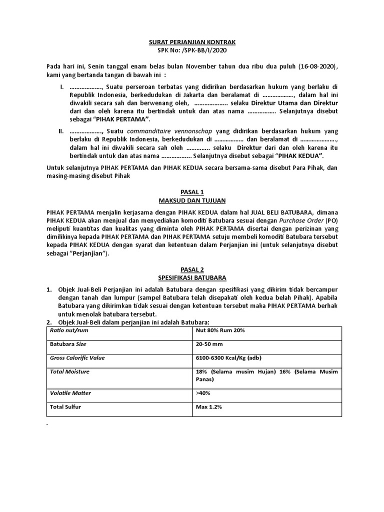 Draft Kontrak Batubara | PDF | Hukum