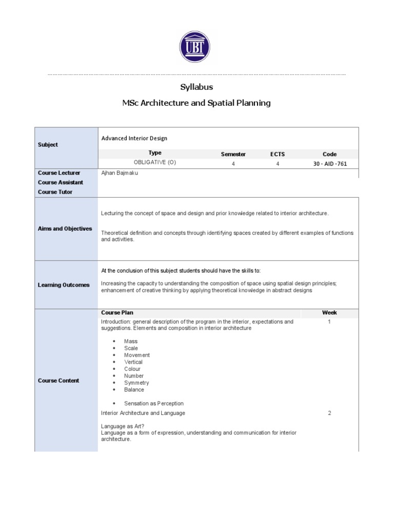 Advanced Interior Design Syllabus | PDF | Mind | Lighting