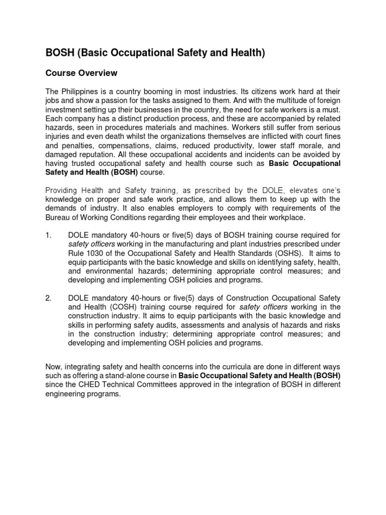BOSH (Basic Occupational Safety and Health) : Course Overview | PDF ...