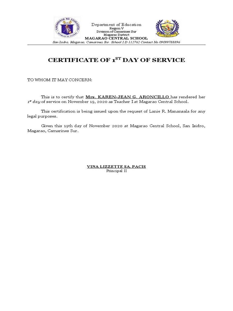 Certificate of 1st Day of Service | PDF