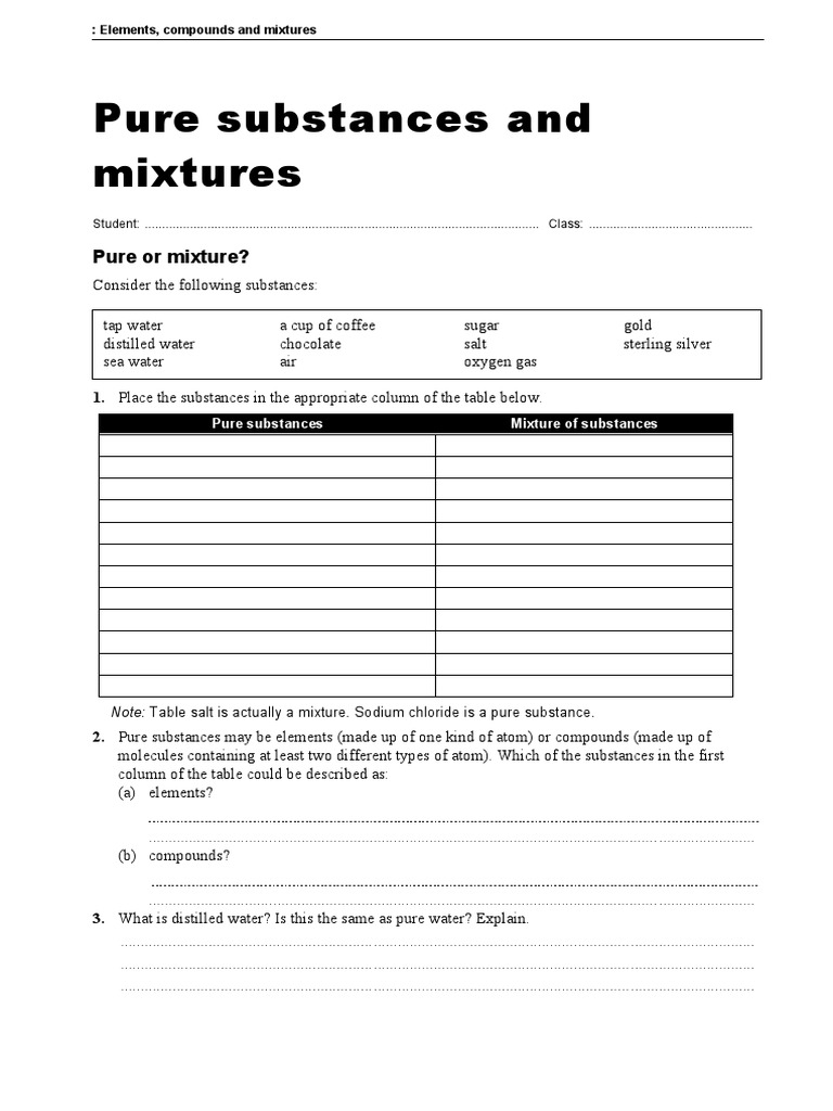 Worksheet Pure Substances Mixtures | Download Free PDF | Chemical ...