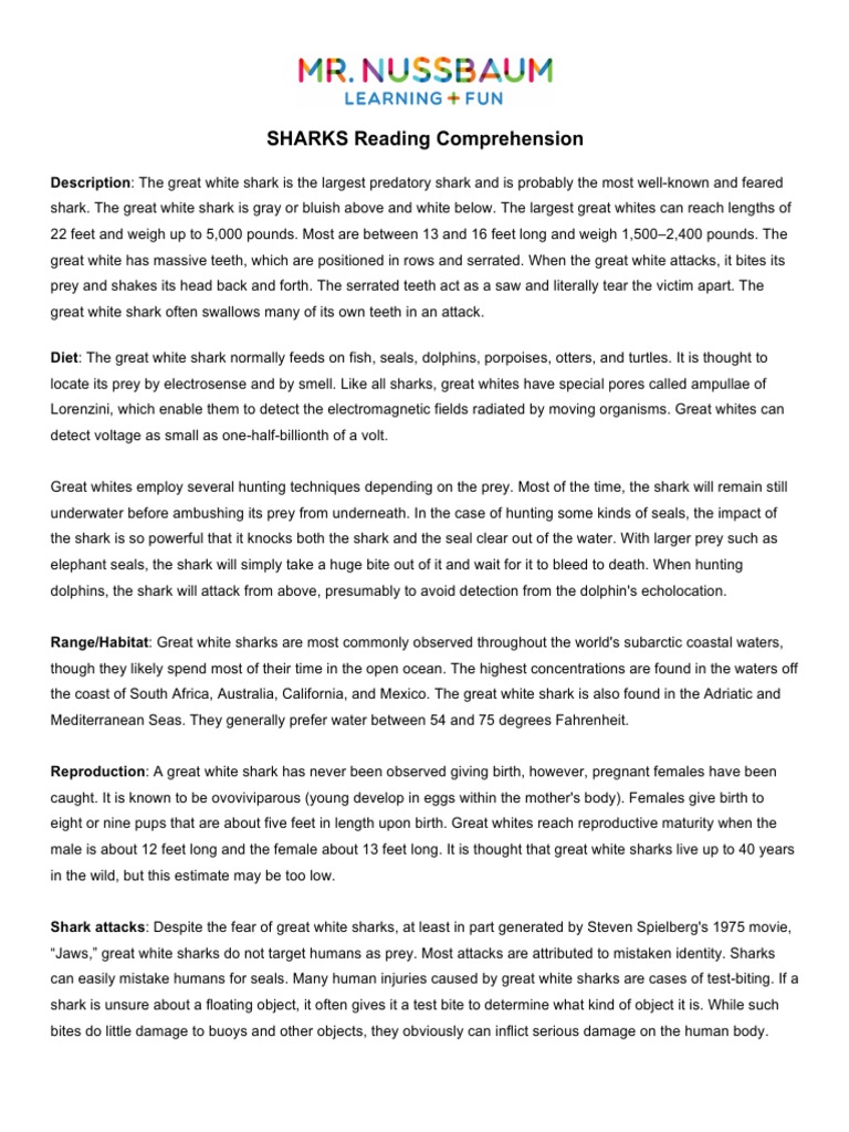 SHARKS Reading Comprehension | PDF | Great White Shark | Sharks