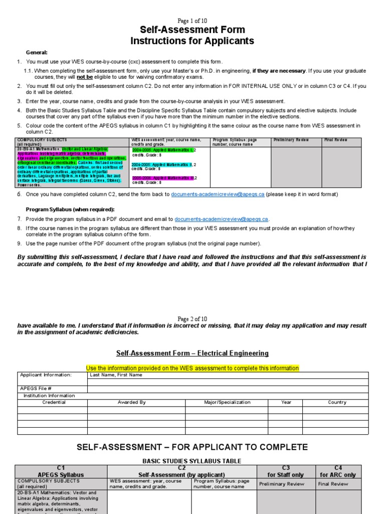 Self-Assessment Form Instructions For Applicants: Page 1 of 10 | PDF ...