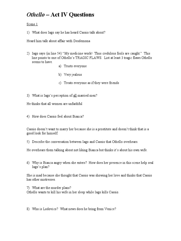 Othello Act IV Questions | PDF | Othello | Iago
