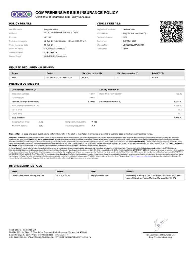 Comprehensive Bike Insurance Policy | PDF | Liability Insurance ...