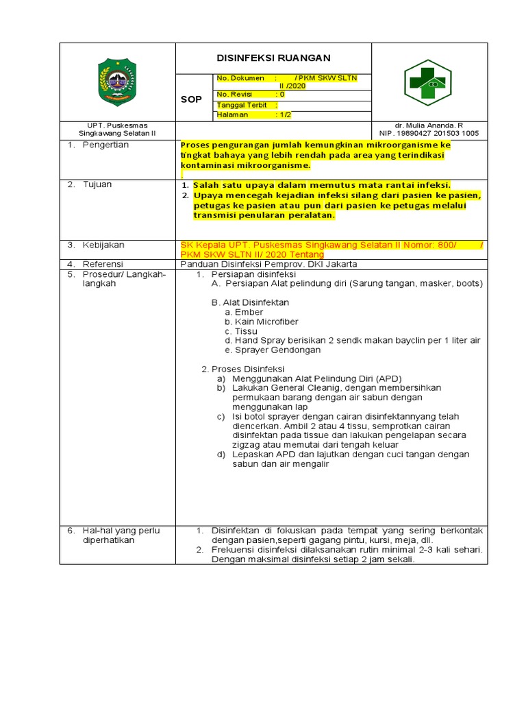 Prosedur Disinfeksi Ruangan Medis | PDF