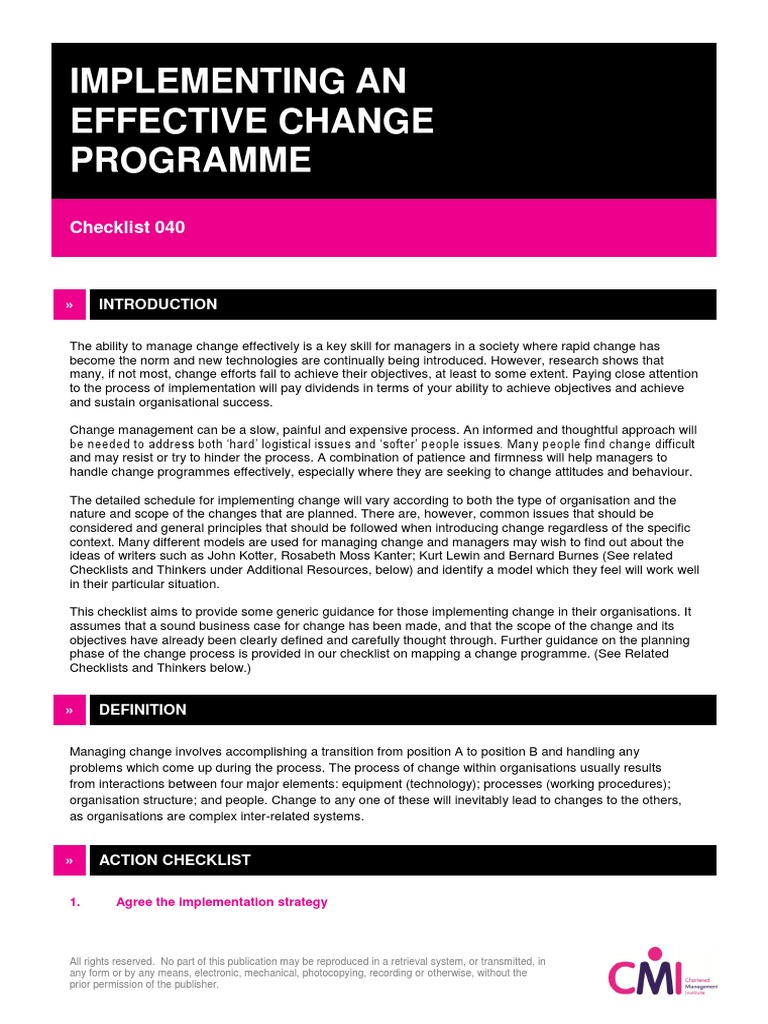 Implementing An Effective Change Programme: Checklist 040 | Download ...