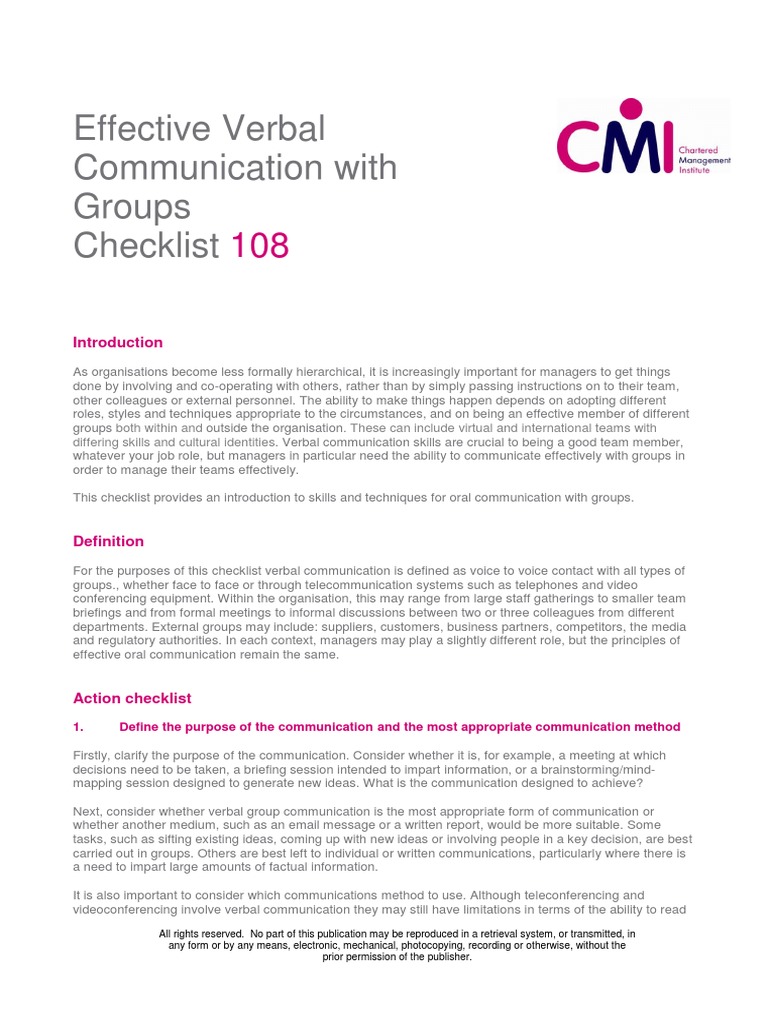 Effective Verbal Communication With Groups Checklist | PDF | Nonverbal ...
