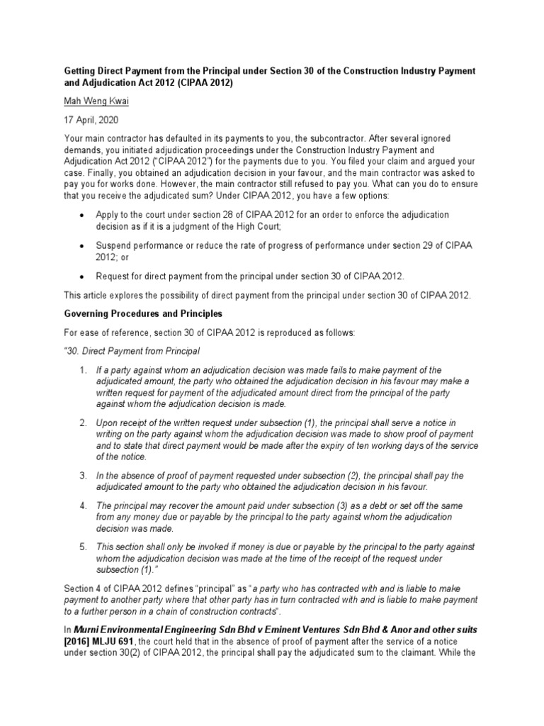 Direct Payment Under CIPAA 2012 Explained | PDF | Adjudication ...