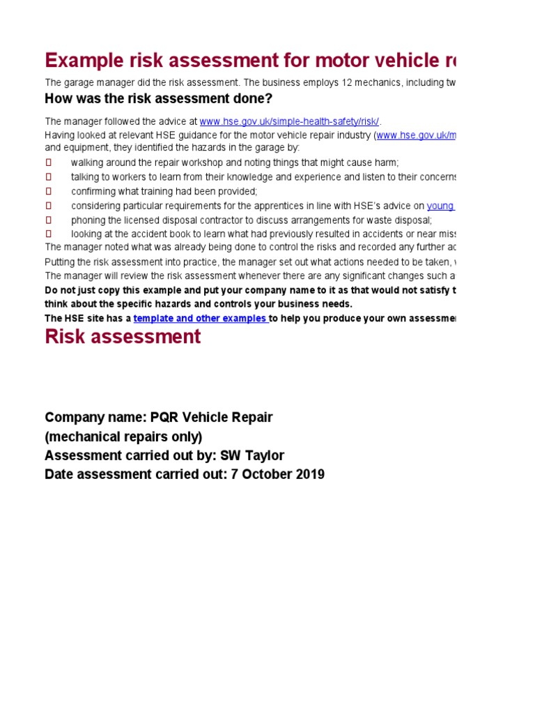 Example Risk Assessment For Motor Vehicle Repair Workshop | PDF ...