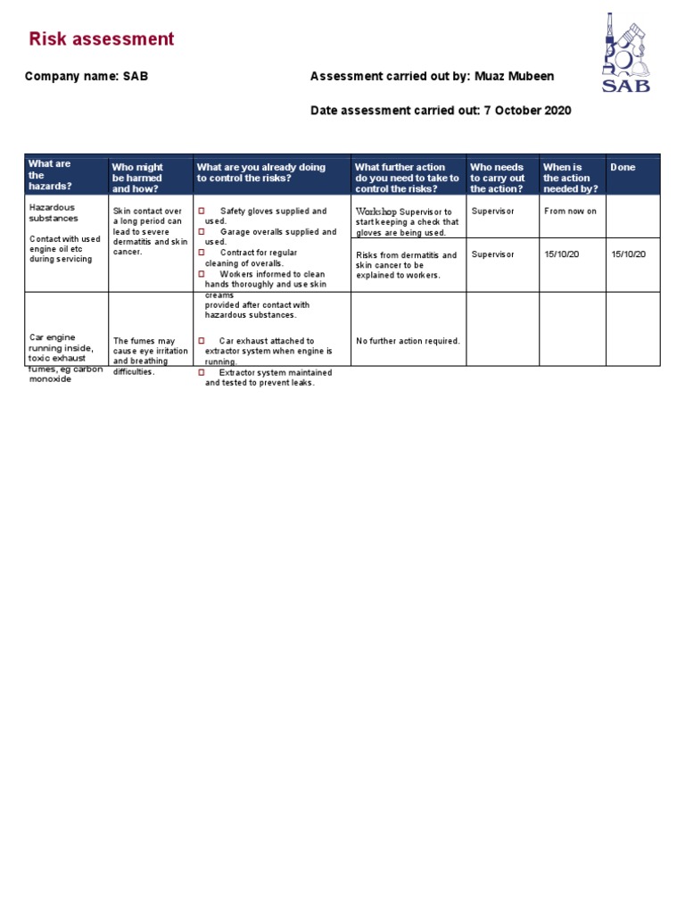 Workshop Risk Assessment | Download Free PDF | Electrician | Safety