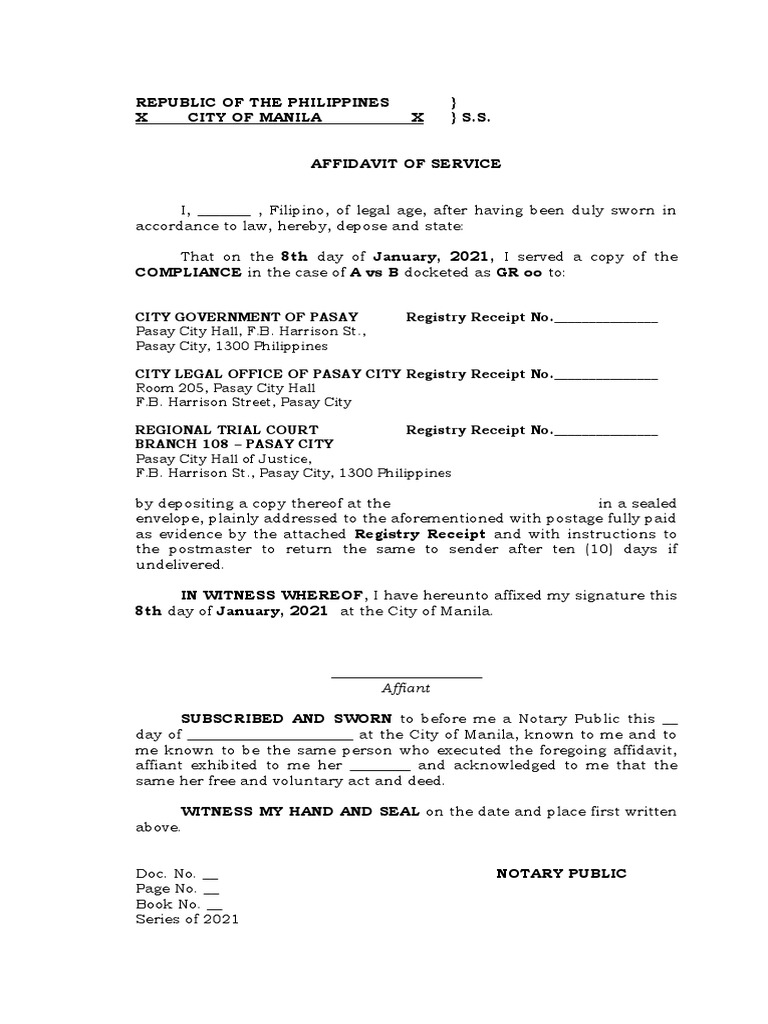 Affidavit of Service Template Philippines | PDF | Social Science