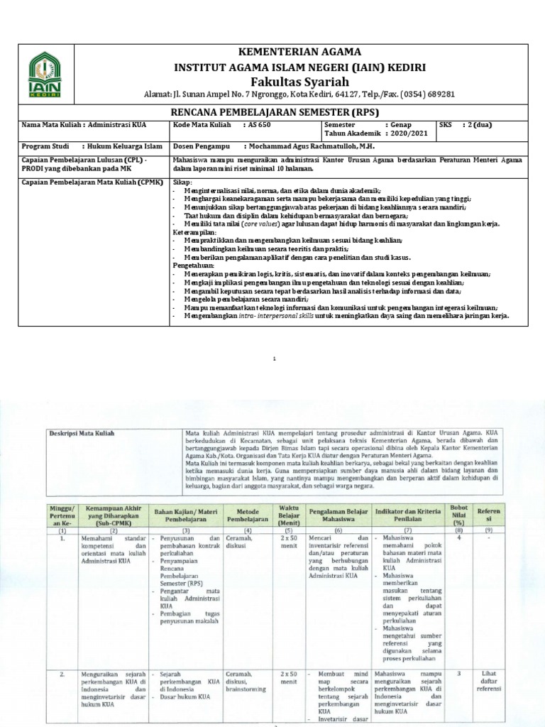 RPS Genap 2020-21 Administrasi KUA - MAgusR | PDF