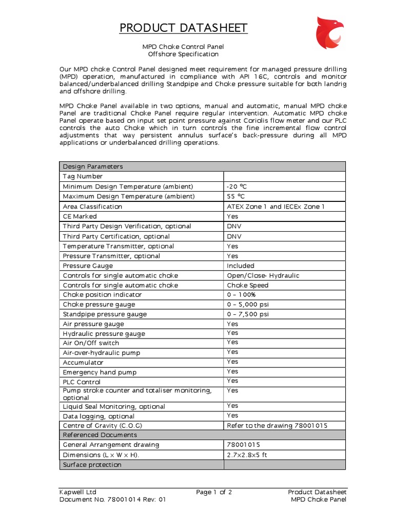 Rev 01 MPD Choke Panel Datasheet | PDF | Pressure Measurement | Pressure