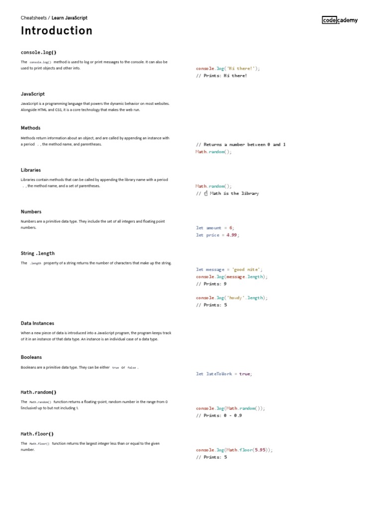Learn JavaScript - Introduction Cheatsheet | Download Free PDF | Java ...