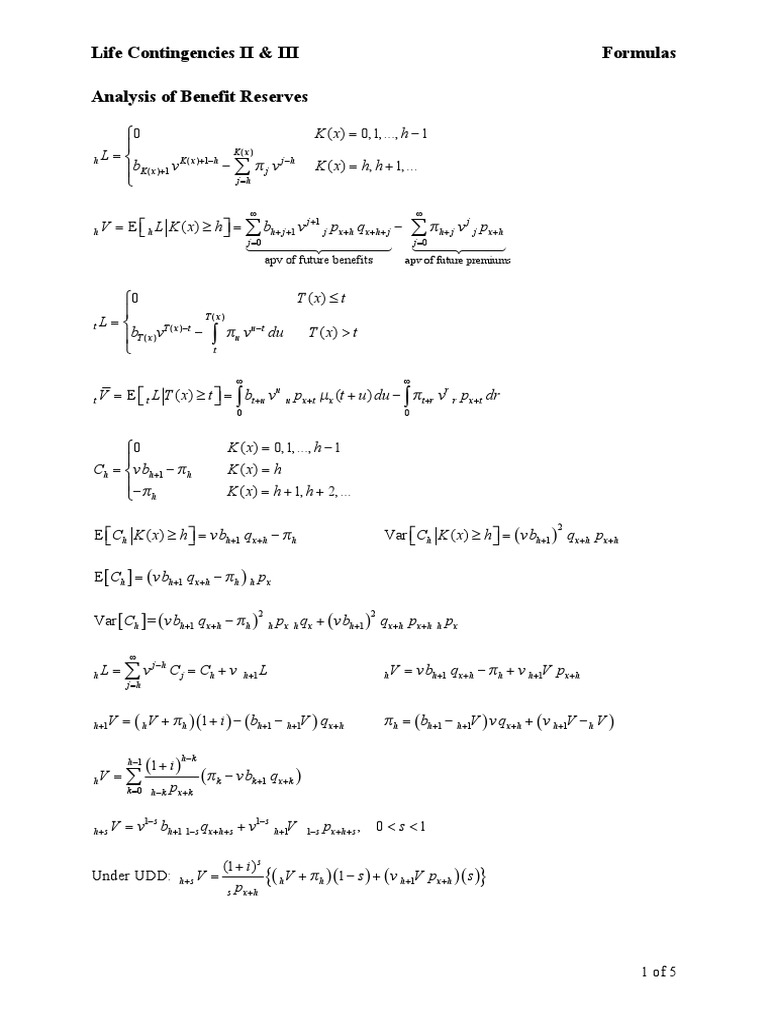 Life Contingencies II & III Formulas Analysis of Benefit Reserves | PDF ...