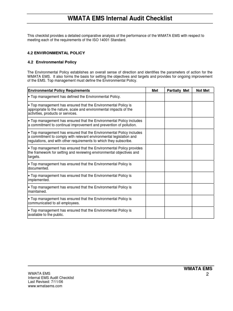 WMATA EMS ISO 14001 Audit Checklist | PDF | Environmental Policy | Audit