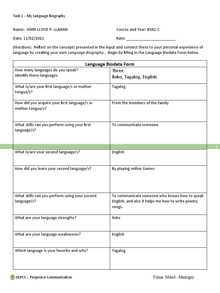 Language Biodata Form: Three Iloko, Tagalog, English | PDF | Second ...