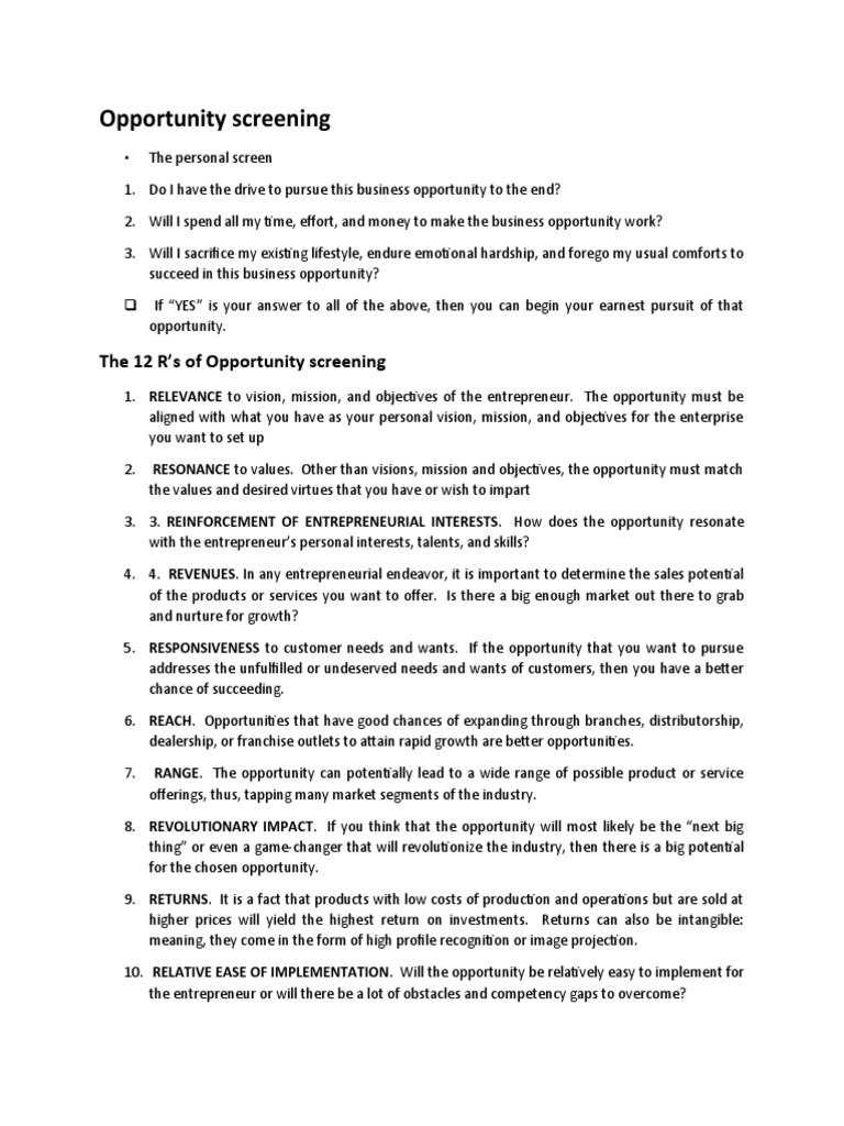 The 12 R's of Opportunity Screening | PDF | Equity (Finance) | Balance ...