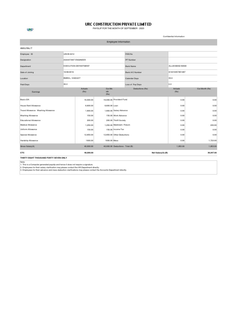 Urc Construction Private Limited: Payslip For The Month of September ...