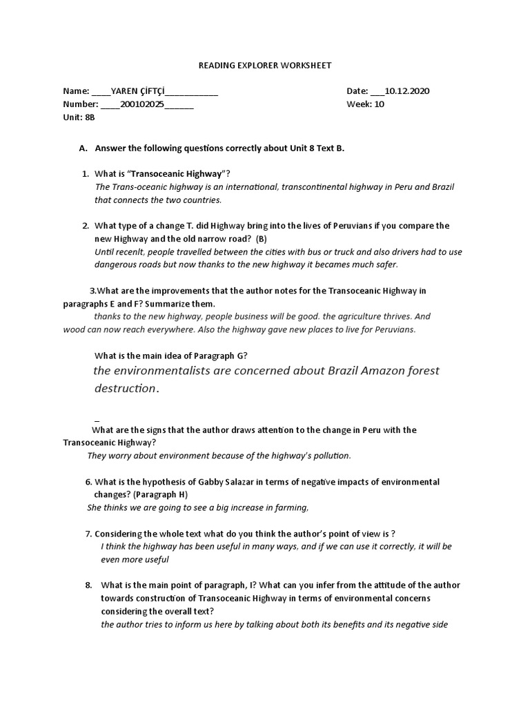 Reading Explorer Worksheet | PDF | Road | Biodiversity