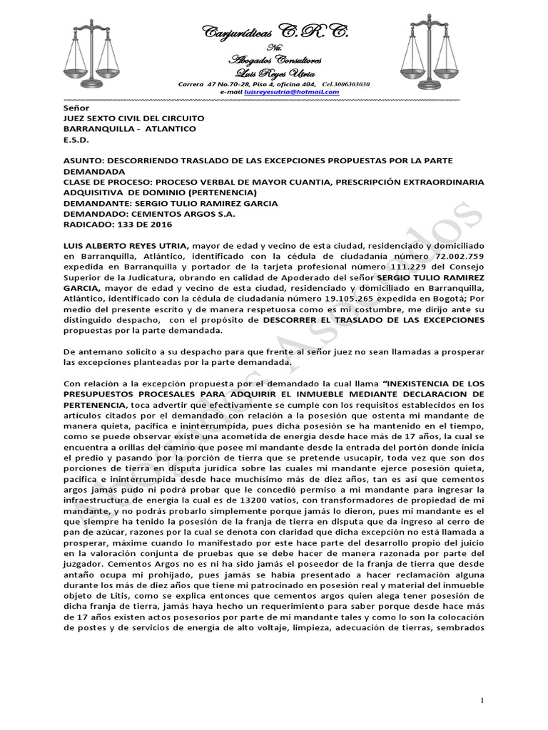 DESCORRER TRASLADO EXCEPCIONES PROPUESTAS Juz 6 C.C 133 - 2016 ...